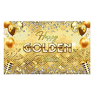 Funnytree 70.8" x 43.3" Happy Golden Birthday Backdrop Gold Shiny Glitter Diamonds Balloons Background Bday Girls Luxury Party Supplies Banner Cake Table Decor Photobooth Props Gifts Fabric