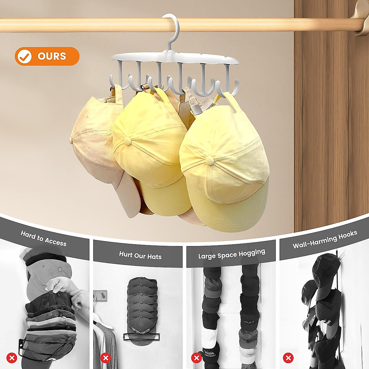 XQXA Hat Hangers for Closet, 1-Pack Hat Organizer for Baseball Caps, 360-Degree Rotation Hat Holder Storage with 12 Hooks, Organizador de Gorras - Gift for Men, Women, Grey