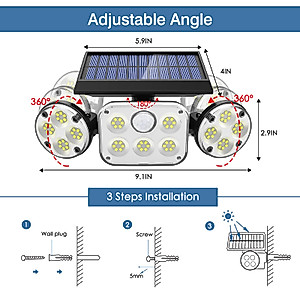 RJFOYB Motion Sensor Outdoor Lights, Adjustable 3 Heads Solar Outdoor Lights, 270° Wide Angle, IP65 Waterproof Security Lights Motion Outdoor for Garage Yard Garden Porch