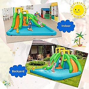 HONEY JOY Inflatable Water Slide, 6 in 1 Kids Bouncer Water Park w/Climbing Wall & 2 Long Slides, Splash Pool, Water Cannons, Indoor Outdoor Blow Up Water Slides for Backyard(Without Blower)