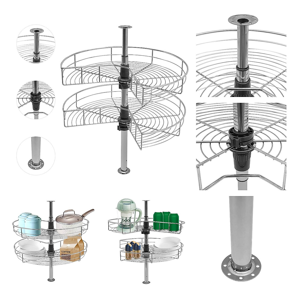 KIOPOWQ Corner Shelf, 23.62'' 2 Tier Lazy Kitchen Base Cabinet Corner Organizer, 270° Rotating Blind Corner Wire Kidney Shaped Cabinet Mounted