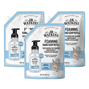 J.R. Watkins Foaming Hand Soap Refill, Moisturizing Foam Hand Wash, All Natural, Alcohol-Free, Cruelty-Free, USA Made, Ocean Breeze, 28 fl oz, 3 Pack