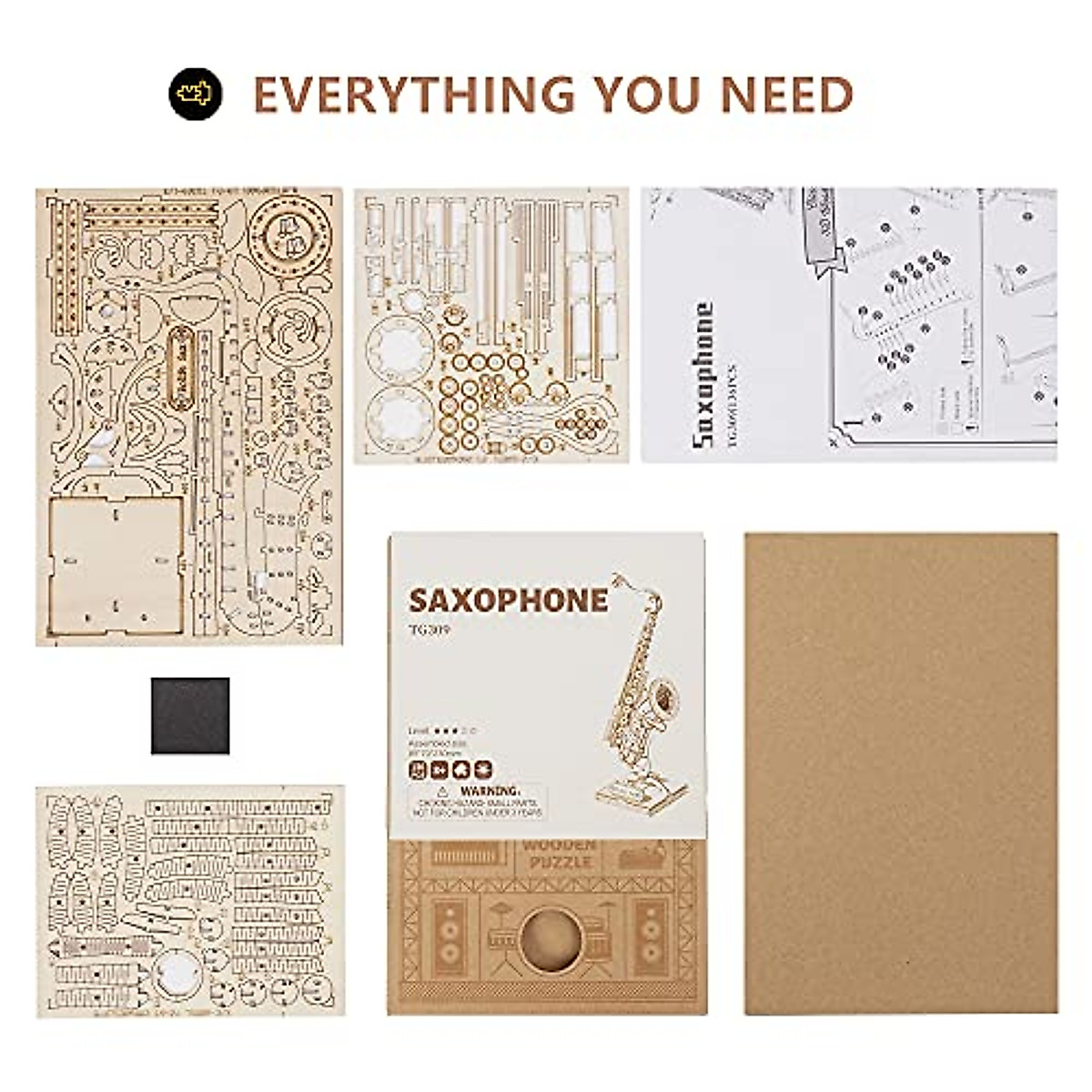 ROBOTIME 3D Puzzle for Kids Wooden Craft Kits DIY Model Saxophone Kit to Build Creative Arts Puzzle Toy Pefect Gift for Teens