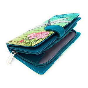 Shag Wear Vintage Dragonfly Large Wallet for Women and Teen Girls Vegan Faux Leather 7" Teal
