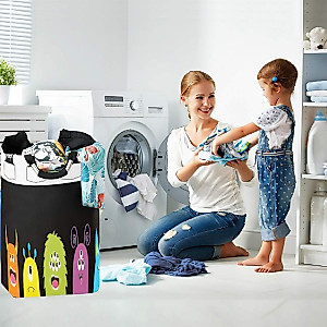visesunny Collapsible Laundry Basket Monster Face Set Large Laundry Hamper with Handle Toys and Clothing Organization for Bathroom, Bedroom, Home, Dorm, Travel