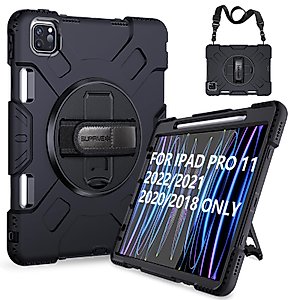 SUPFIVES 2022 iPad Pro 11 inch Case (4th Generation),Upgraded Military Grade Shockproof Silicone iPad Pro 11 4th/3rd/2nd Gen Cover Pencil Holder+ Handle+ Shoulder Strap+ Rotating Kickstand, Black