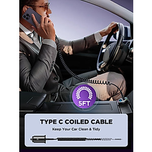 Car Charger，JOYROOM 4.8A Car Phone Charger All Metal, Mini Cigarette Lighter USB Charger with Type C Coiled Cable for iPhone 15 Pro, Dual USB Car Charger Adapter Fast Charge for iPhone/Samsung/Android