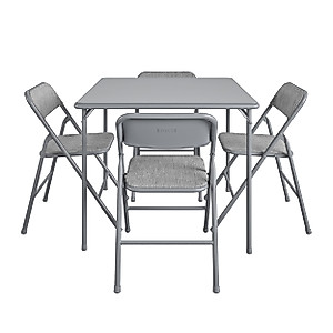 CoscoProducts COSCO Premium 5-Piece Dining Set, with 34" Vinyl Top Card Table and 4 Fabric Padded Seat & Back Folding Chairs, Gray