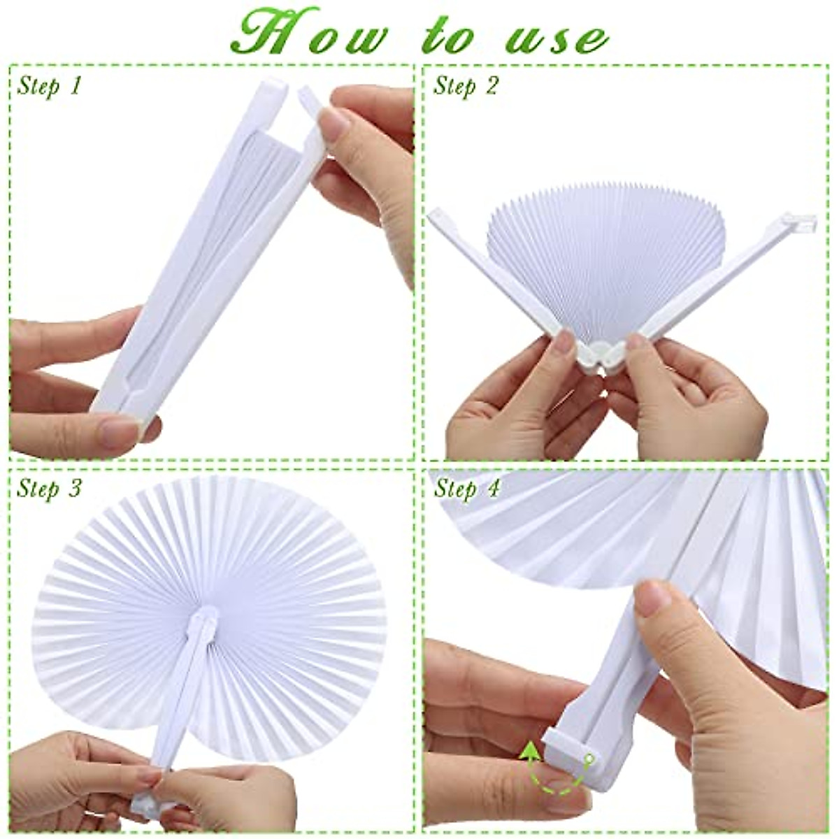 Yulejo White Paper Fans Wedding Fans Round Shaped Folding Fans Plastic Handle for Women Men Guest Wedding Celebration Birthday Party Favor (100 Packs)