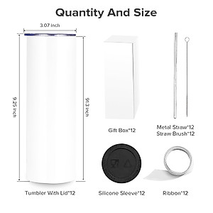FASTSUB 30 oz Sublimation Tumbler Blank Bulk Cups Straight Skinny Stainless Steel Double Wall Vacuum Insulated with Lids and Straws Brush Silicone Coaster Ribbon for Tumbler Heat Press White 12 Pack