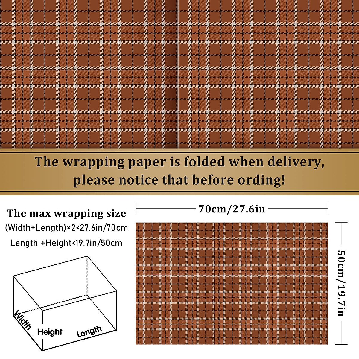 Whaline 12 Sheet Fall Gift Wrapping Paper 6 Design Orange Buffalo Plaids Printed Wrapping Sheet Autumn Theme Decorative Art DIY Craft Paper for Fall Celebration Gift Packing, 19.7 x 27.6 Inch