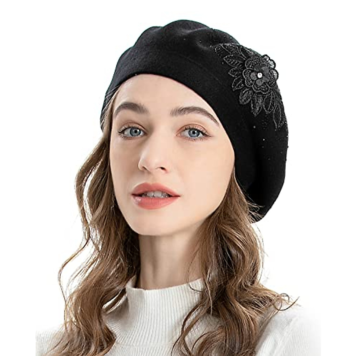 ZLYC Womens French Beret hat, Reversible Solid Color Cashmere Mosaic Warm Beret Cap for Girls (Flower Black)