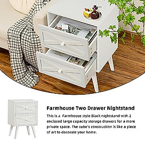 Lerliuo White Nightstand, Bed Side Table with 2 Drawers Barn Door, Solid Wooden Legs Night Stand, Mid Century Modern End Table Storage Wood Cabinet Dresser for Bedroom, Living Room, Dorm
