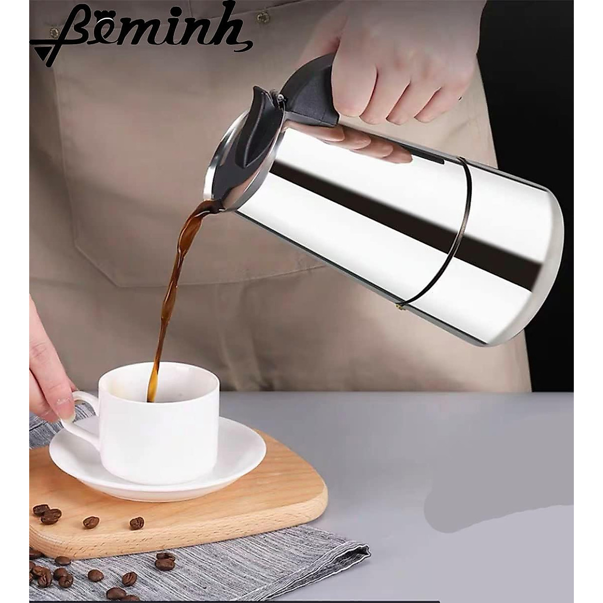 Beminh Espresso Coffee Maker Pot Stovetop Moka Coffee Pot Stainless Steel Latte Percolator with Bonus Scoop,for Home Office (4 cups/200ml)