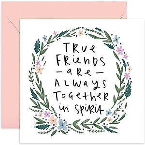 Old English Co. True Friends Together In Spirit Birthday Card - Cute Flower Wreath Female Card for Best Friend | Happy Floral Gift for Ladies, BFF, Her | Blank Inside & Envelope Included