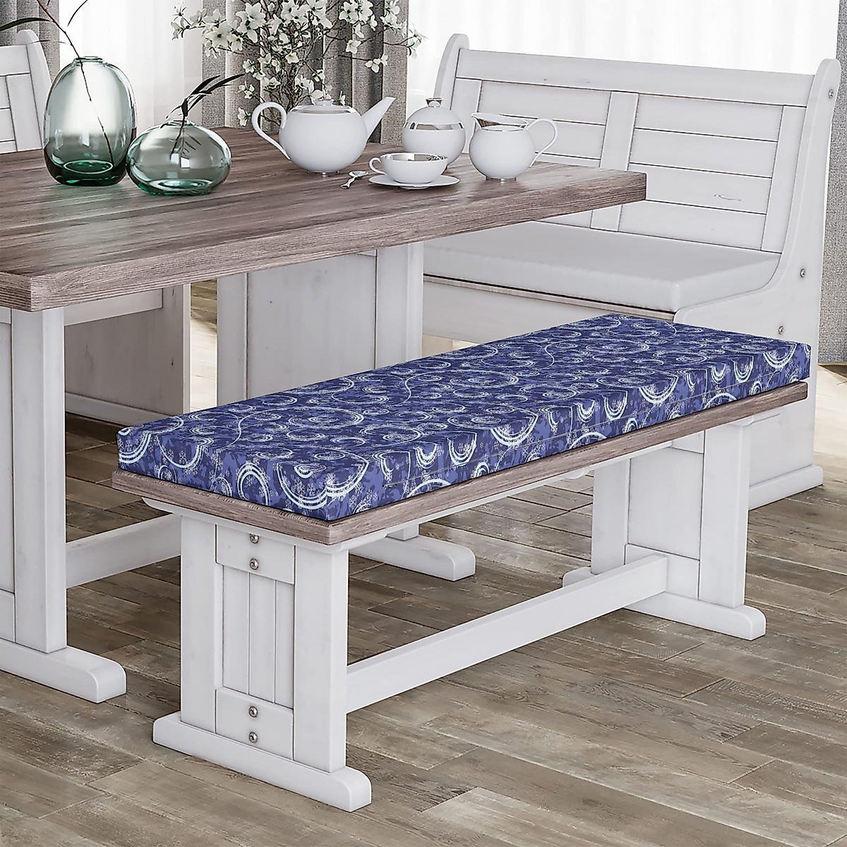 Lunarable Winter Bench Pad, Abstract Composition with Wind Swirls and Snowflakes, Standard Size HR Foam Cushion with Decorative Fabric Cover, 45" x 15" x 2", Indigo Ceil