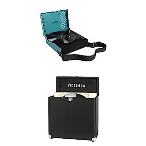 Victrola Revolution GO 3-Speed Bluetooth Portable Rechargeable Record Player with Built-in Speakers | Blue VSC-750SB-BLU & Victrola Vintage Vinyl Record Storage and Carrying Case