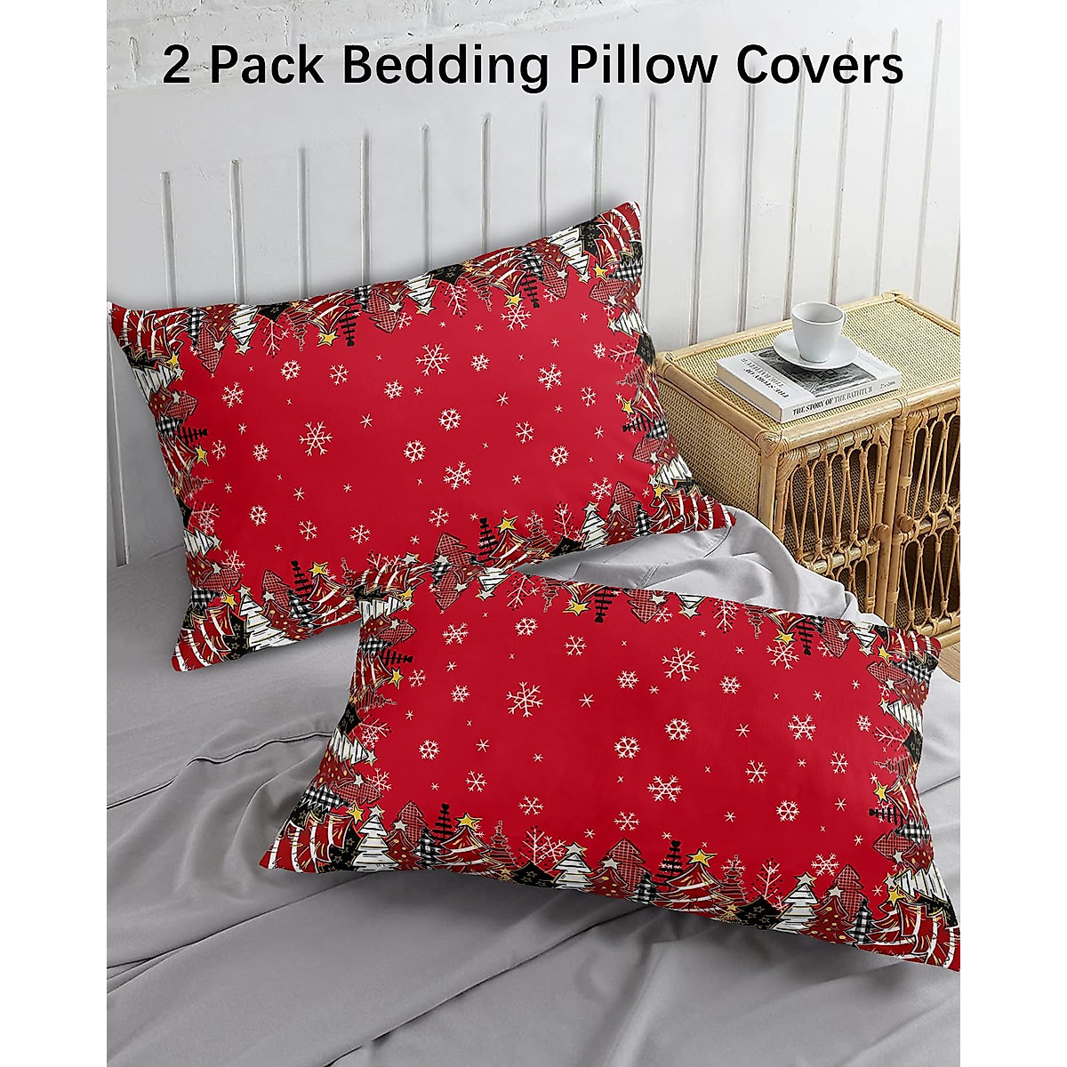 Red Christmas Tree Pillowcases Queen Size,2 Packs Soft Bed Throw Pillow Covers Decorative Sofa Couch Long Body Lumbar Bolster Cushion Case Envelope Closure,Snowflake Star Lattice Polka Dots 20" x30