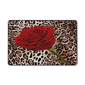 Soft Area Rug for Living Room,Leopard Red Rose Mix Wild Animal Leopard Print Pattern Background Romantic,Large Floor Carpets Doormat Non Slip Washable Indoor Rugs for Bedroom Kids Room 5 x 7Ft