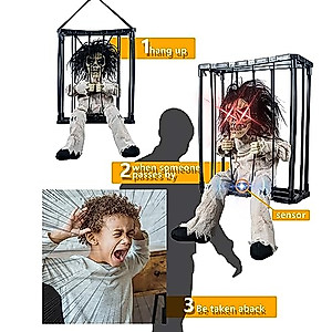 Skeleton Animated Halloween Decorations, Screaming Halloween Decor with Motion Activated & Light Sensor, Spooky Prisoner Cage with Spider Web Haunted House Decorations by CRILEAL, Ghost with Long-hair