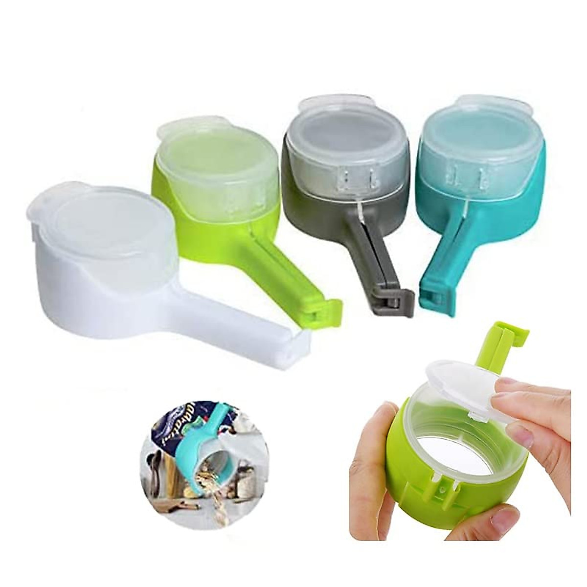 FlipHives Kitchen Tools Gadgets for Food Bags Sealer Clips with Spout for Easy to Pour and Clamp Tight to Stay Fresh of Your Chips Cereal Pet Dog Cat Food and More in Multicolour of 4 Pieces Per Set