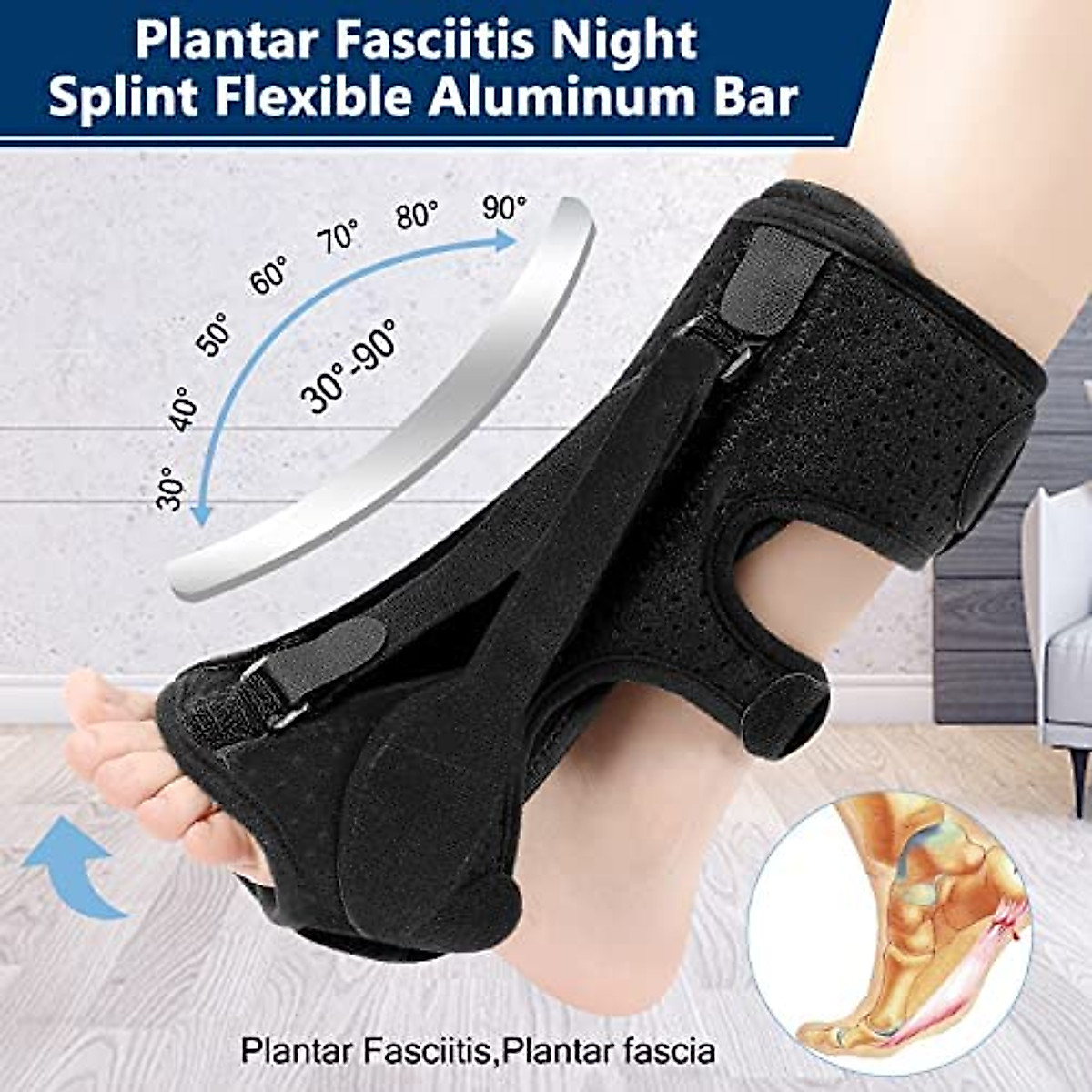 IKUSELY Upgrade Plantar Fasciitis Night Splint, Plantar Fasciitis Relief Brace, 3 Adjustable Straps Plantar Fasciitis Night Splint Relief Plantar Fasciitis, Foot Drop, Achilles Tendonitis, Day&Night (Black) (Black)