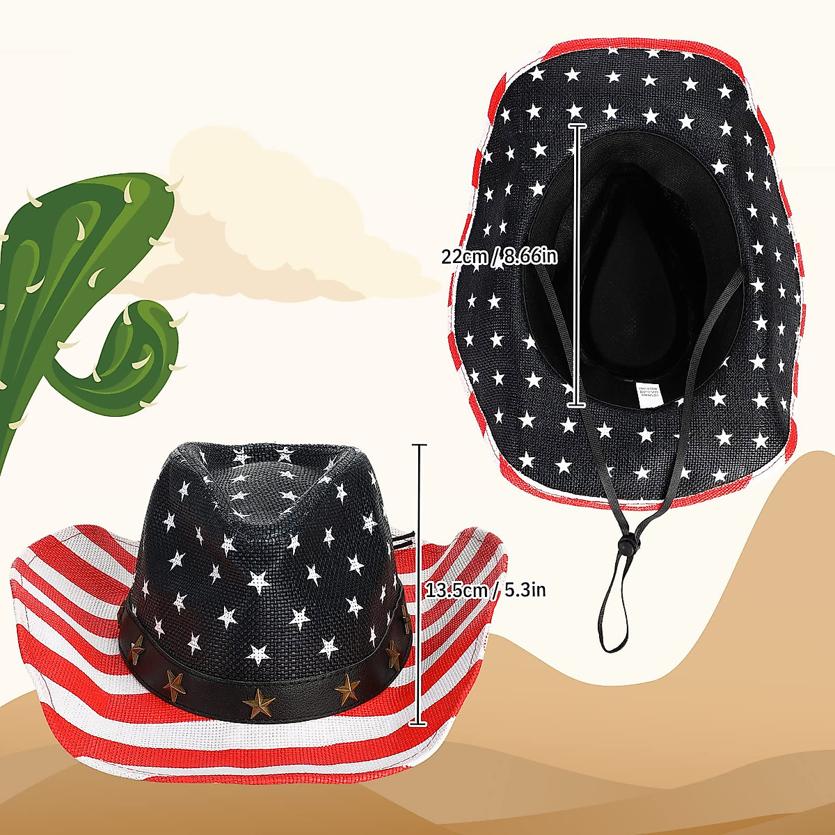 Jeere 3 Pcs American Flag Cowboy Hat with Bandana and Glasses Vintage Outdoor USA Hats with Strap Western Party Memorial Day(USA Flag)