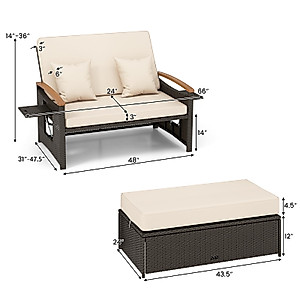 Moccha Outdoor Wicker Daybed, Patio Rattan Loveseat Sofa w/ 4-Level Adjustable Backrest, Folding Panels, Storage Ottoman & Cushions, Lounge Furniture Set for Poolside Backyard Porch (Beige)