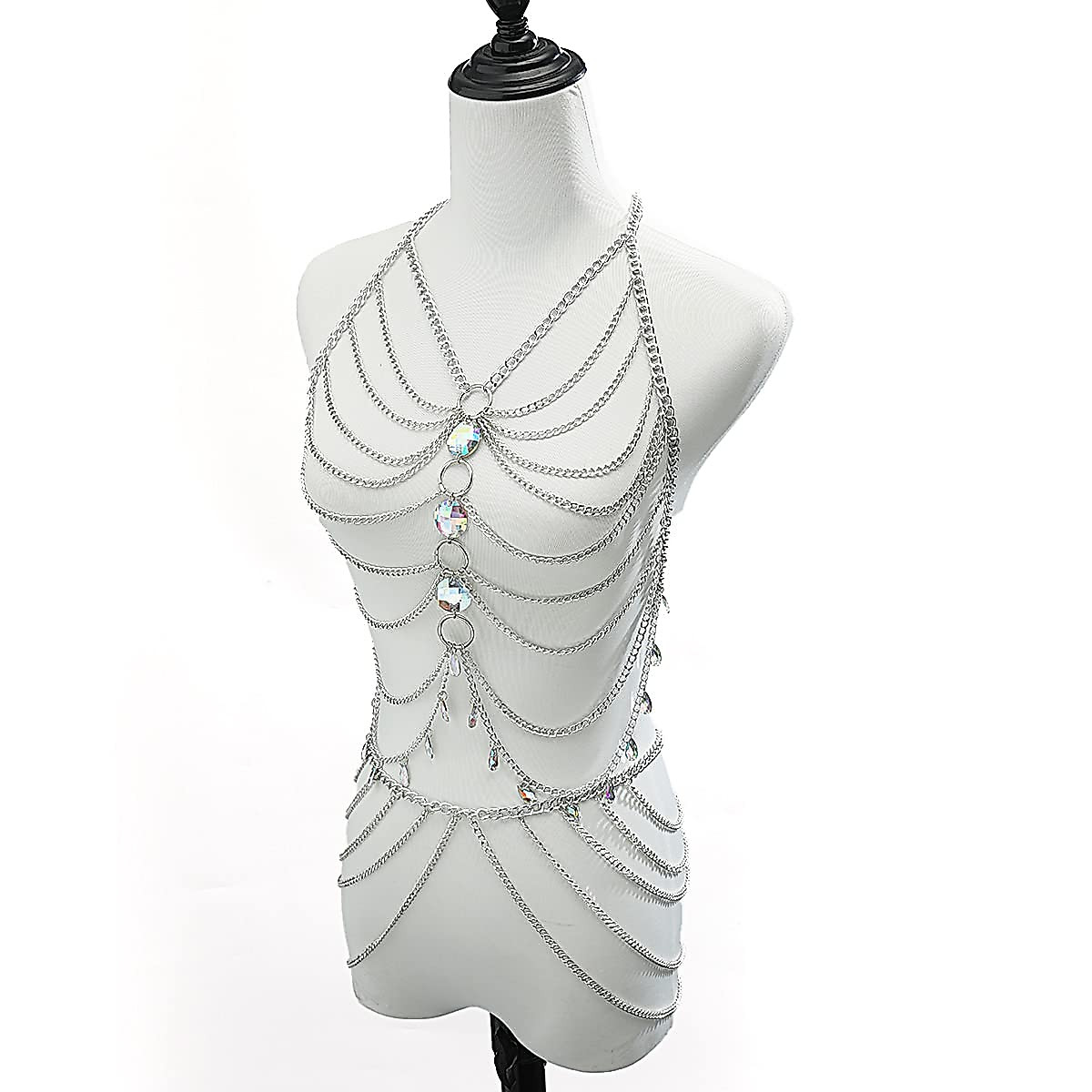 Connie Cloris Women's Sexy Body Chain Suit Fashion Halter Bra Chain Body Jewelry (206-D-Silver color)