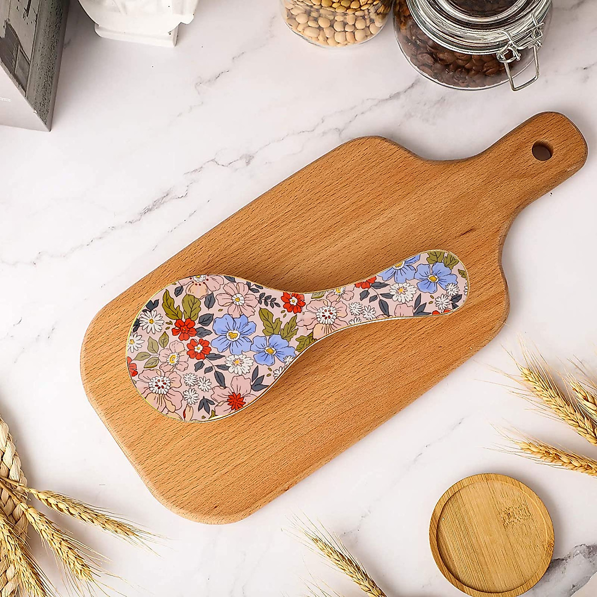 LEAZUL Ceramic Spoon Rest for Stove Top Large Spoon Holder Farmhouse Spoon Rest for Kitchen Counter Floral Coffee Spoon Rest Flowers Print Cooking Utensil Tools Rest Modern Farmhouse Kitchen Decor