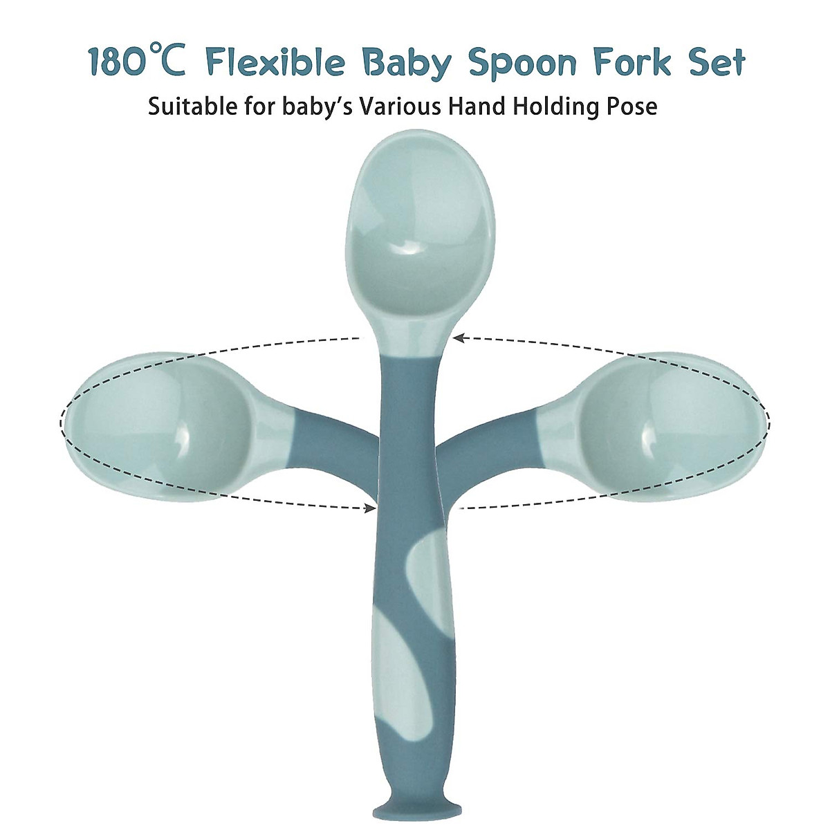 Qshare Baby Utensils Spoons with Travel Safe Case, Toddlers Feeding Training Spoon with Easy Grip and Bendable Function, Perfect Self Feeding Learning Spoons (SuctionBlue/Pink)