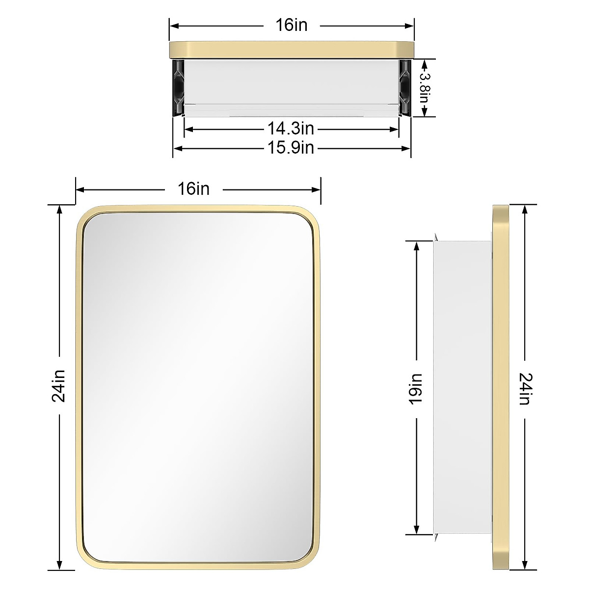 HOMECOOKIN Farmhouse Gold Metal Framed Recessed Bathroom Medicine Cabinet with Beveled Mirror Rounded Rectangle Bathroom Medicine Cabinet 16x24 inch