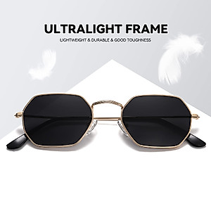 Fozono Small Octagonal Polarized Sunglasses for Women Men Classic Retro Trendy Metal Frame Polygon Sun Glasses (Gold/Grey)