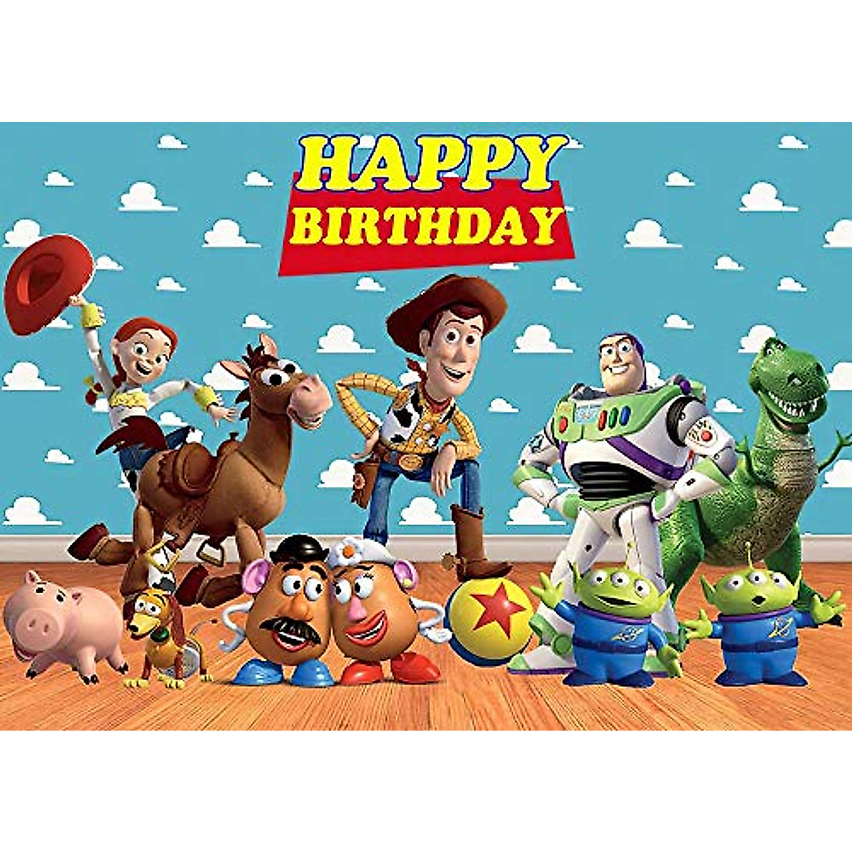 7x5ft Cartoon Toy Story Birthday Party Theme Photography Backdrops Blue Sky White Clouds Banner Kids Birthday Party Photo Background Cake Table Decoration Supplies Studio Booth Props