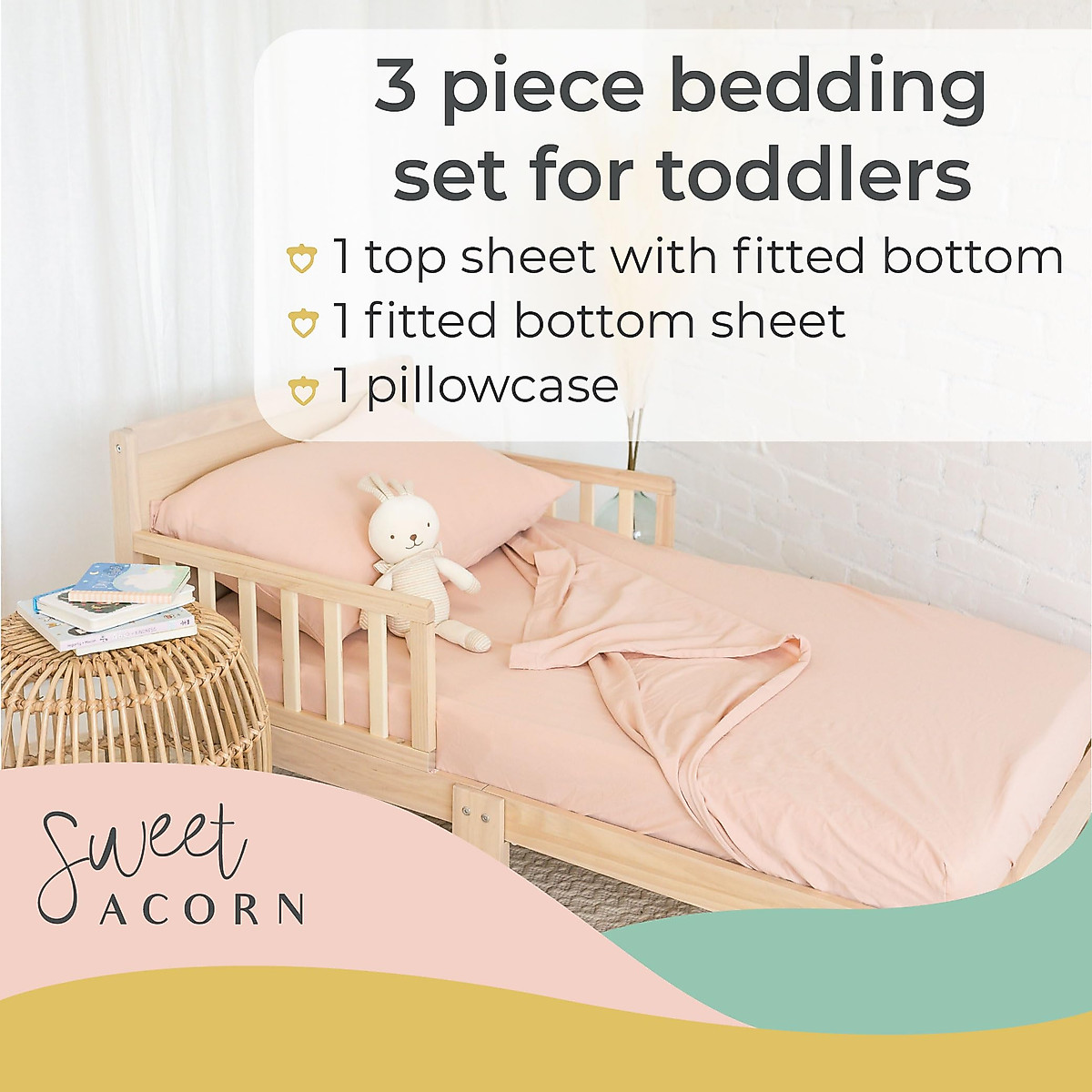 Sweet Acorn 3 Piece Toddler Bedding Sets - Organic Cotton Jersey Knit - Fits Convertible Cribs and Mattresses - 9" x 28" x 52" - Dahlia Pink