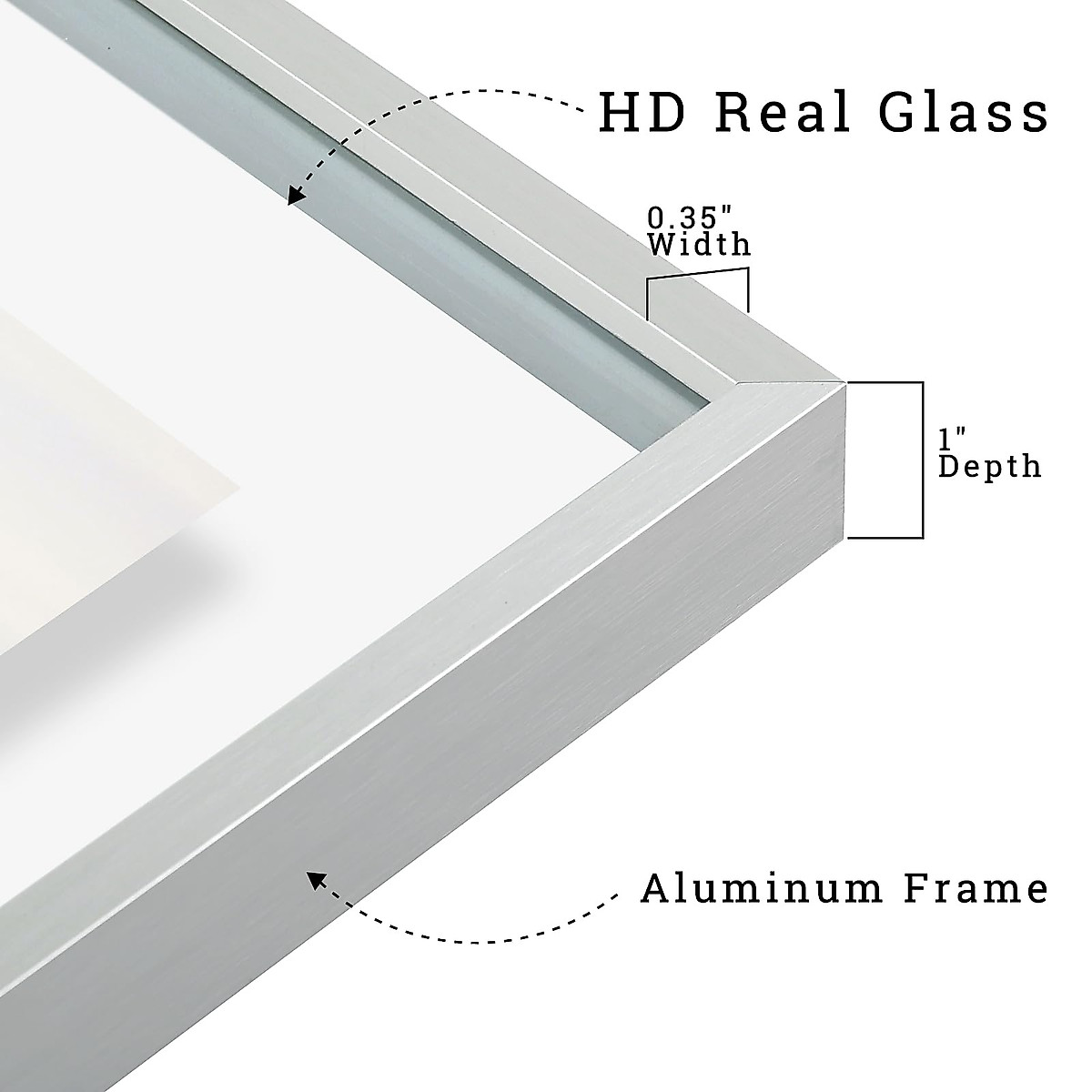 Frametory, Floating Picture Frame 11x14 - Silver Aluminum Metal Photo Frame - Real Glass of Front - for Wall Mount Displays