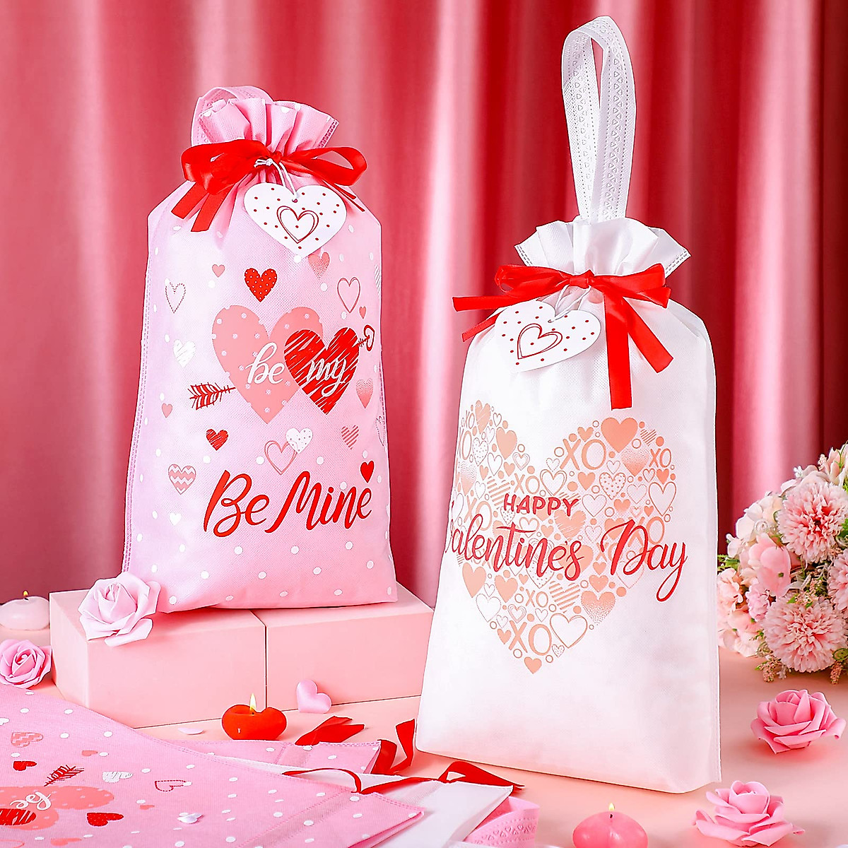 12 Pack Valentine's Day Gift Bags with Drawstring Satin Ribbon Drawstrings Valentine Bag Holly Cloth Gift Handle Bags Valentine Design Goodie Bags for Valentine Presents Party Favor