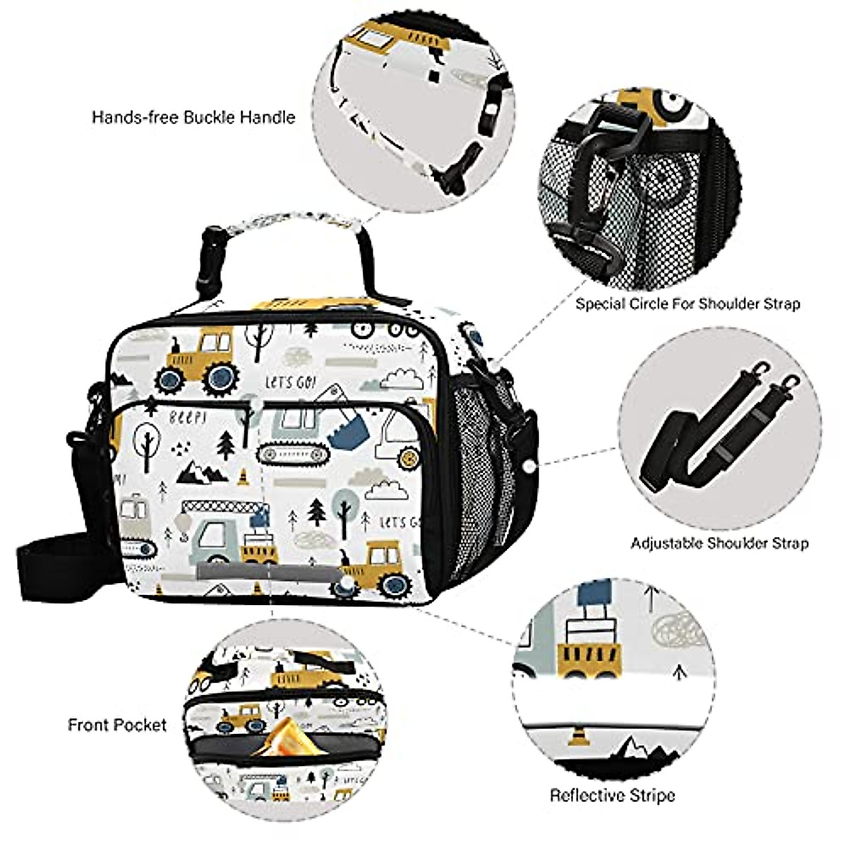 Lunch Bags Boxes Insulated Small Girls Cooler Kids Boys Thermal Childish Truck Excavator for School Student with Shoulder Strap Water-Resistant