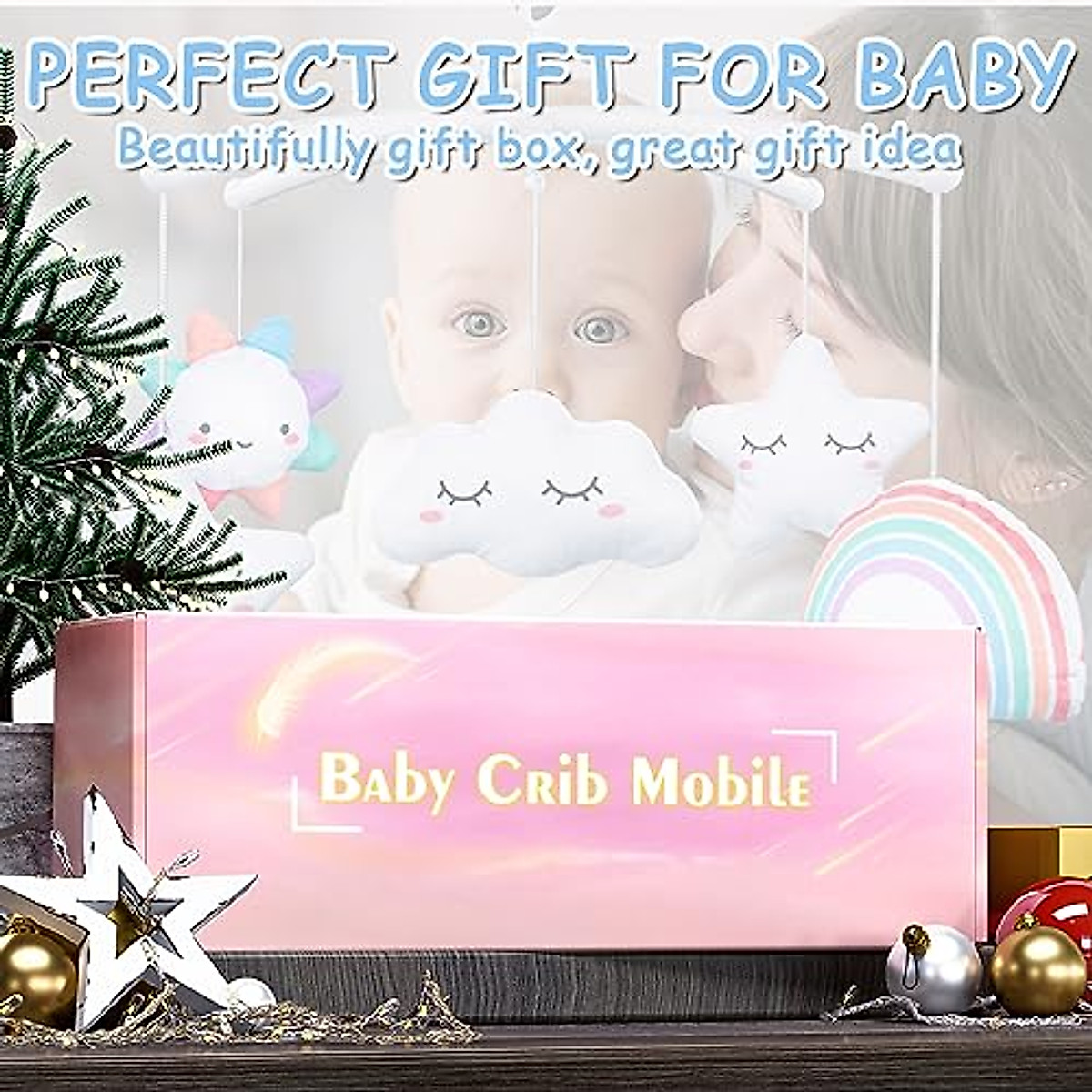 FEISIKE Baby Crib Mobile with 3 Modes Musical Box,Volume Control,12 Lullabies,Nursery Crib Toys for Newborn Ages 0 and Older,23 Inches Baby Mobile Arm and 5 Pcs Hanging Toys
