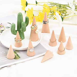 Luckforest Natural Wood Cones, 10Pcs 3 Different Sizes Wood Cone Rings Holder Jewelry Display Stand Vertical Shaped Unpainted Wooden Cones for Girls Women DIY Craft