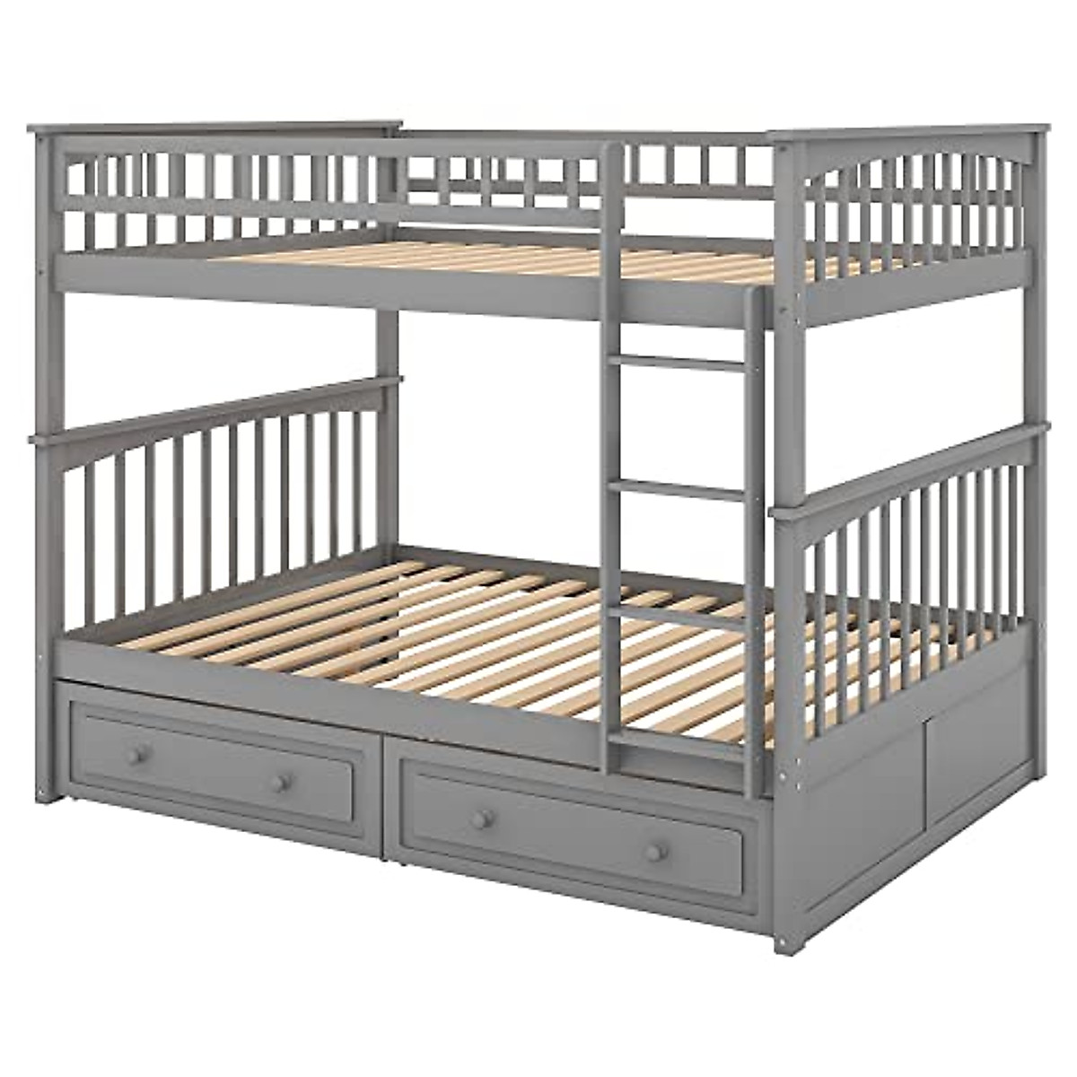 Full Over Full Bunk Bed with 2 Storage Drawers, Wooden Bunk Bed Frame with Guardrails and Ladders for Kids Teens Adults, Can be Convertible into 2 Beds (Bunk Beds Full Over Full, Gray)