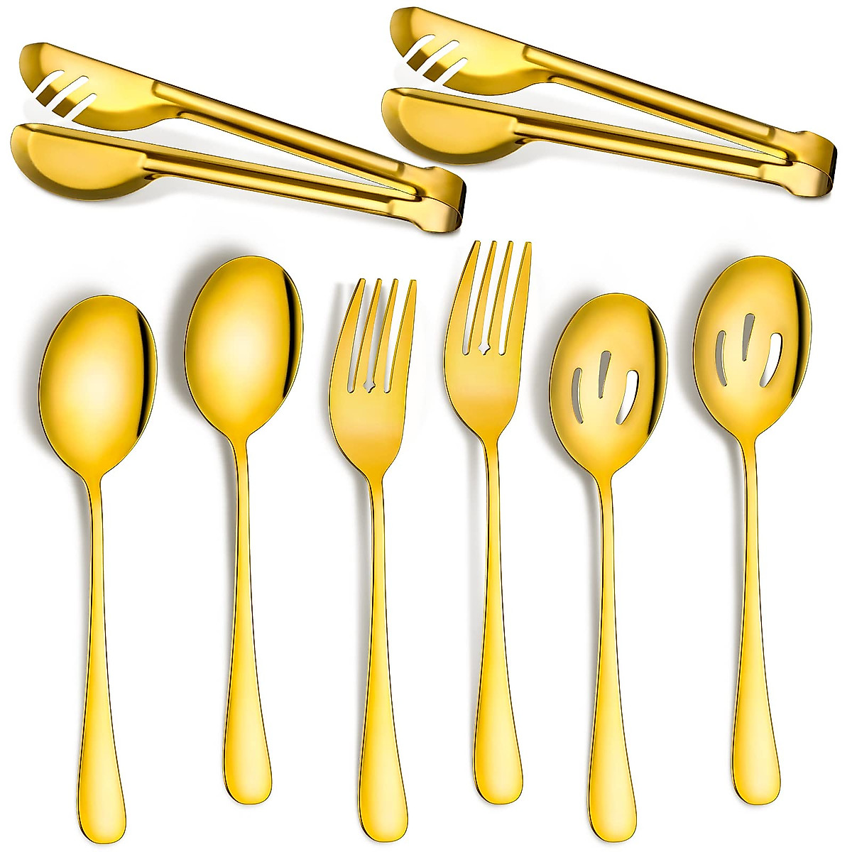 Patelai Stainless Steel Serving Utensils Large Serving Spoon Set 9.45 Inch Metal Tongs 9 Inch Serving Forks 8.7 Inch Slotted Spoons and Serving Spoon Kitchen Wedding Party(Gold, 8 Pieces)