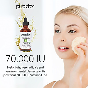 PURA D'OR 4 Oz ORGANIC Vitamin E Oil Blend 70,000 IU - 100% Natural Hexane Free, Sweet Almond, Apricot, Jojoba, Argan, Rosehip, Sunflower & Avocado Bath Oil For Scars, Skin, Face & Full Body