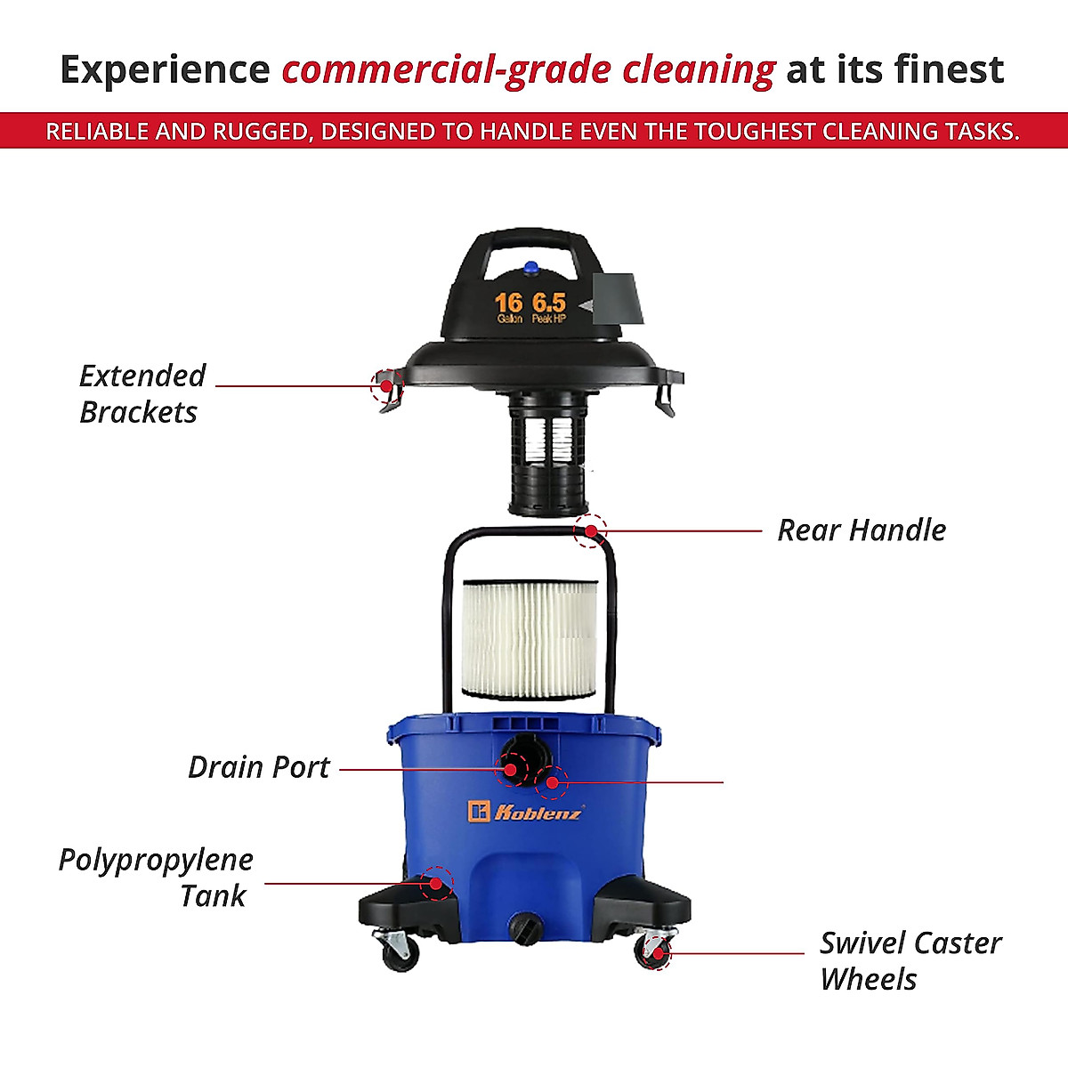 Koblenz WD-16L4H 6.5 HP Vacuum Cleaner and Blower with Rear Handle, 2-1/2"" in x 8' Hose, 16 Gallon Tank, Blue/Black