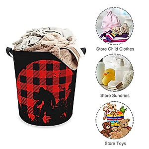 Bigfoot Buffalo Plaid Full Moon Foldable Laundry Basket Waterproof Hamper Storage Bin Bag with Handle 16.5"x 16.5"x 17"