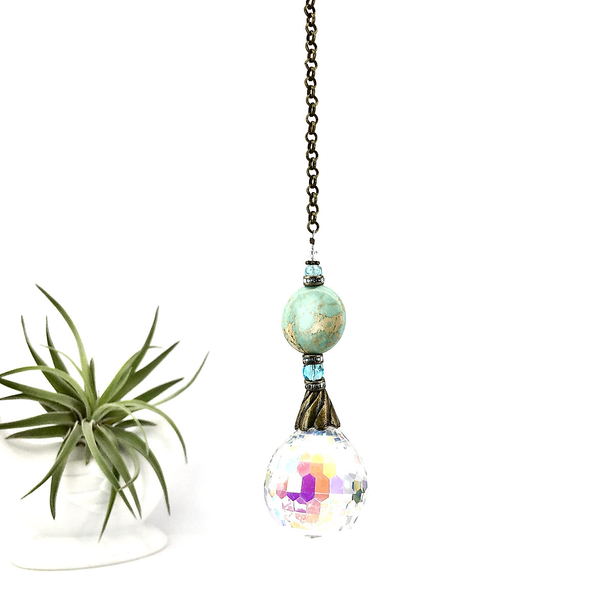 Handmade, Boho Crystal Sun Catcher, Jasper Gemstone, (30mm) Crystal Hanging for Windows, Ornament, Car Charm, Garden, Gift, Family, Mom, Aunt, Grandma (Length: 11.5 inches) | 2 Dirty Birds Boutique