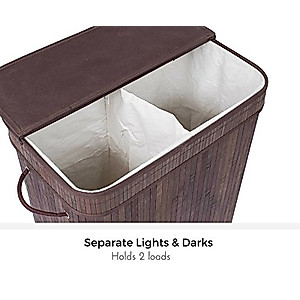 BIRDROCK HOME Double Laundry Hamper with Lid and Cloth Liner - Bamboo - Espresso - Easily Transport Laundry Basket - 2 Section Collapsible Hamper - String Handles