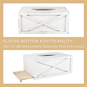Karisky Rustic Rectangular Fir Wood Tissue Box Cover Holder with Slide-Out Bottom Panel, Farmhouse Paper Facial Dispenser for Bathroom, Bedroom, Night Stands, Office, 10 x 6 x 5 inch, White