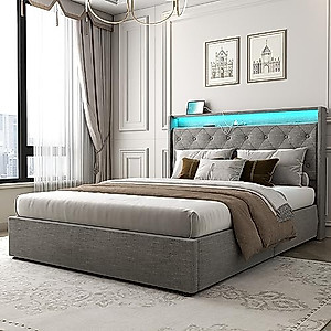 Loomie Queen Lift Up Bed Frame with Charging Station & LED Lights, Upholstered Bed with Button Tufted Wingback Storage Headboard, Hydraulic Storage, No Box Spring Needed, Wood Slats Support,Light Grey
