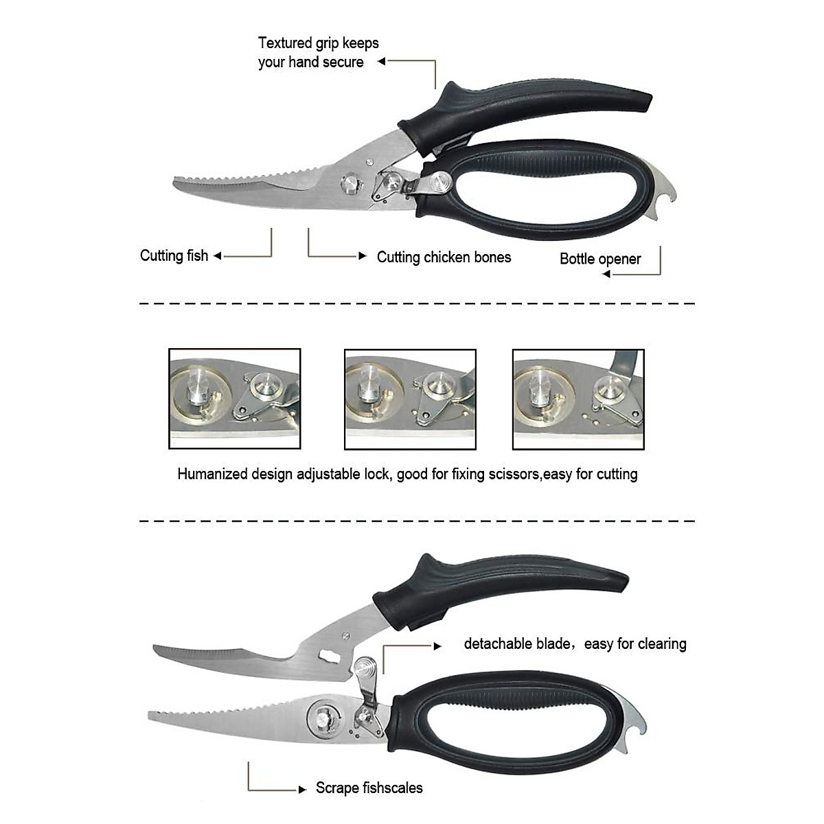 Gerior Spring Loaded Poultry Shears - Heavy Duty Kitchen Scissors for Cutting Chicken, Poultry, Game, Bone, Meat - Chopping Food, Herb - Stainless Steel - Black